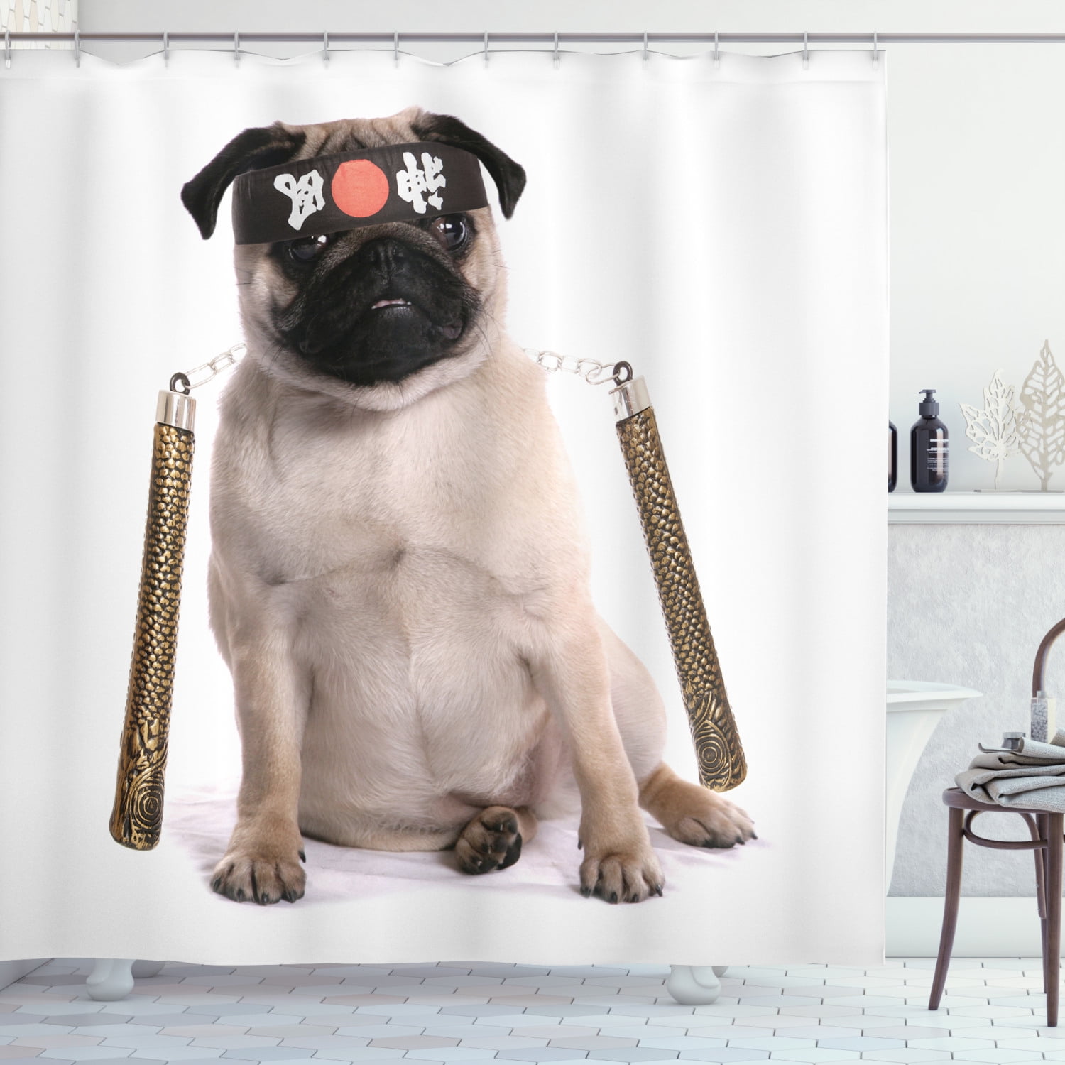 Pug Shower Curtain, Ninja Puppy with Nunchuk Karate Dog Eastern Warrior ...