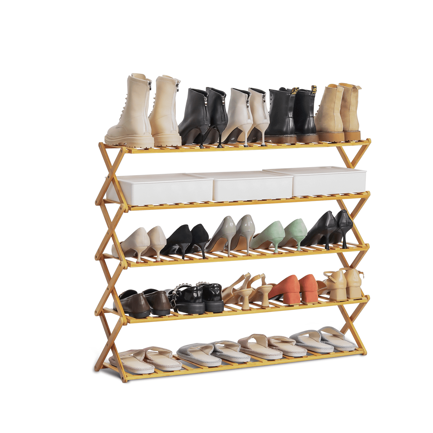 MoNiBloom Bamboo 5 Tiers Installation-Free Folding Shoes Rack, 30 Pairs ...