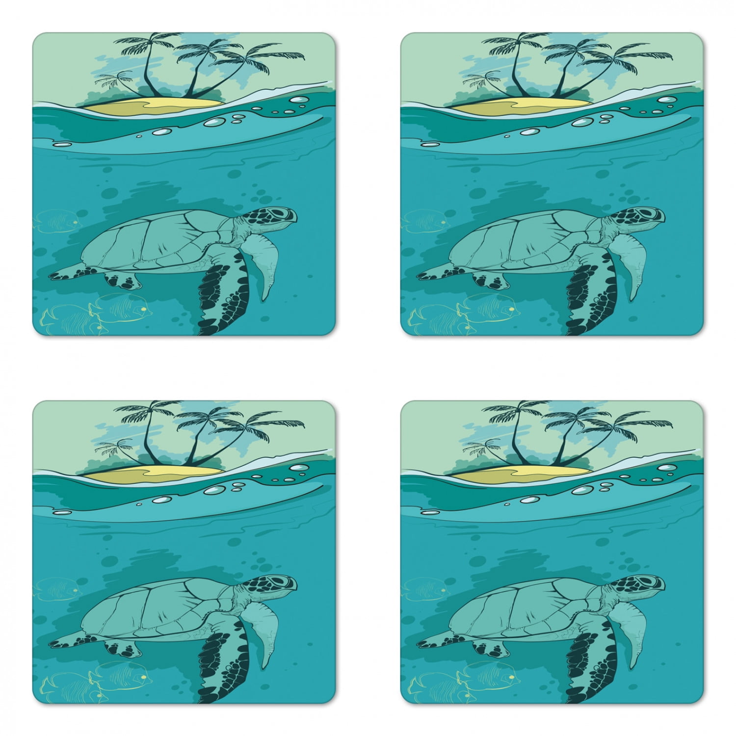 Ocean Coaster Set of 4, Sea Turtle Swimming Coral Reef Exotic Island ...