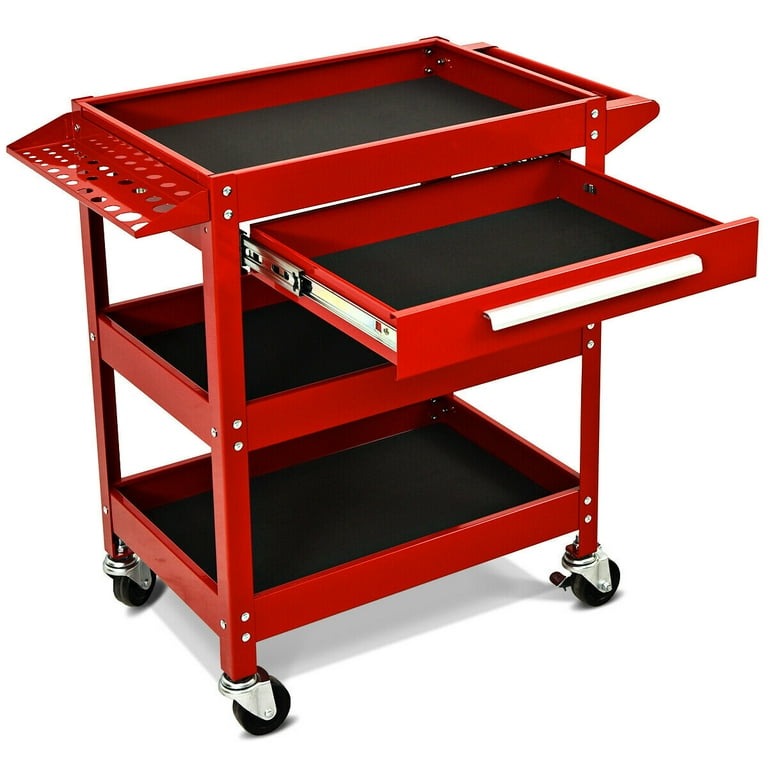 Three Tray Mobile Rolling Tool Cart with Large Wheels Mechanic Cabinet Storage Toolbox Organizer w Drawer Walmart