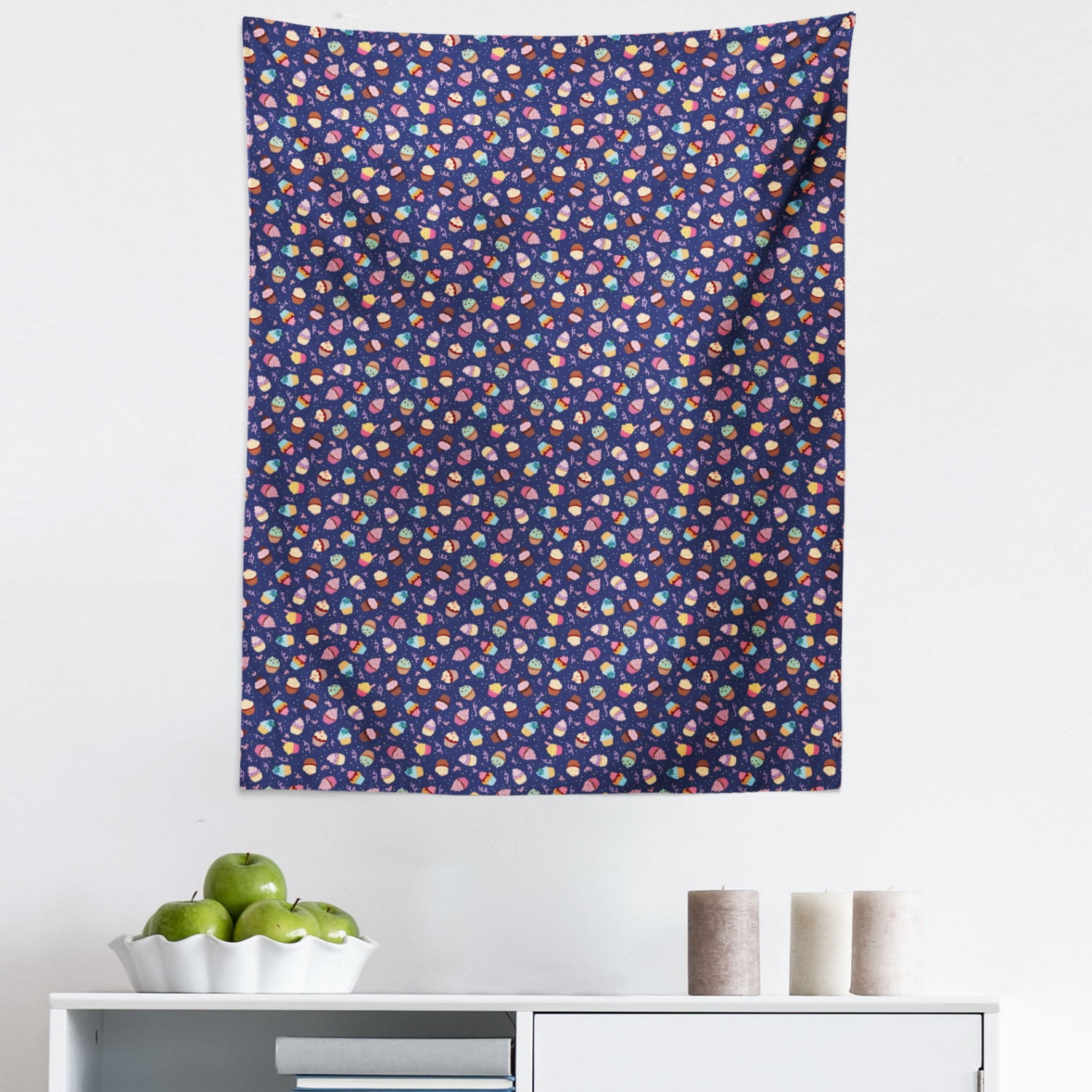 Dessert Tapestry, Rain Pattern with Colorful Frosted Cupcakes and Bows ...