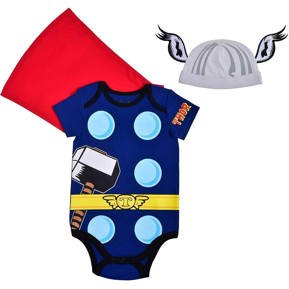 Avengers Short Sleeve Onesie with Cap, Thor Bodysuit with Cape, Baby ...
