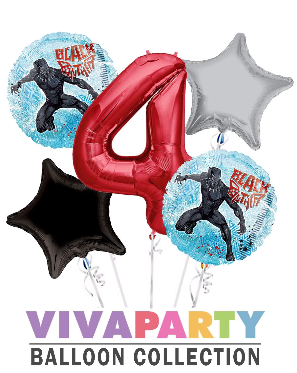 Black Panther Round Balloon Bouquet 5 pc, 4th Birthday, Red Number 4 ...