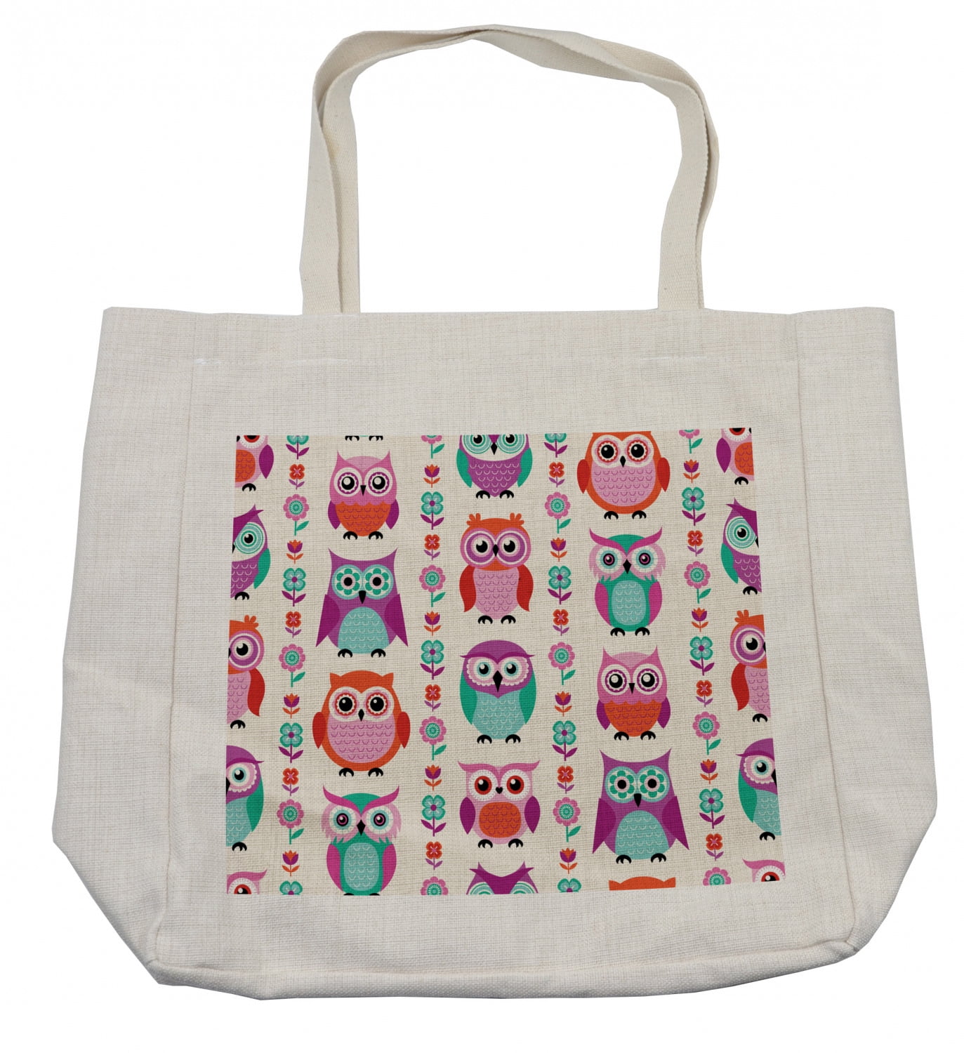 Owls Shopping Bag, Owls in Vertical Line Flower Strings Vibrant Spring ...