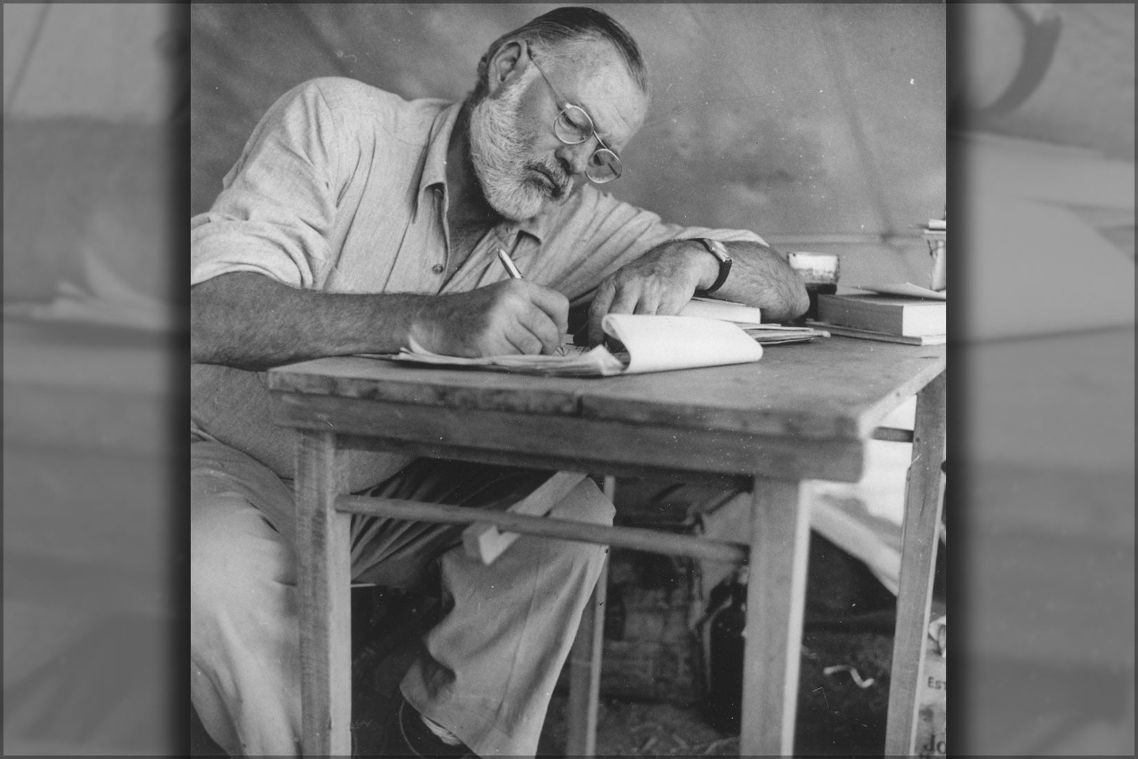 24"x36" Gallery Poster, Ernest Hemingway Writing at Campsite in Kenya ...