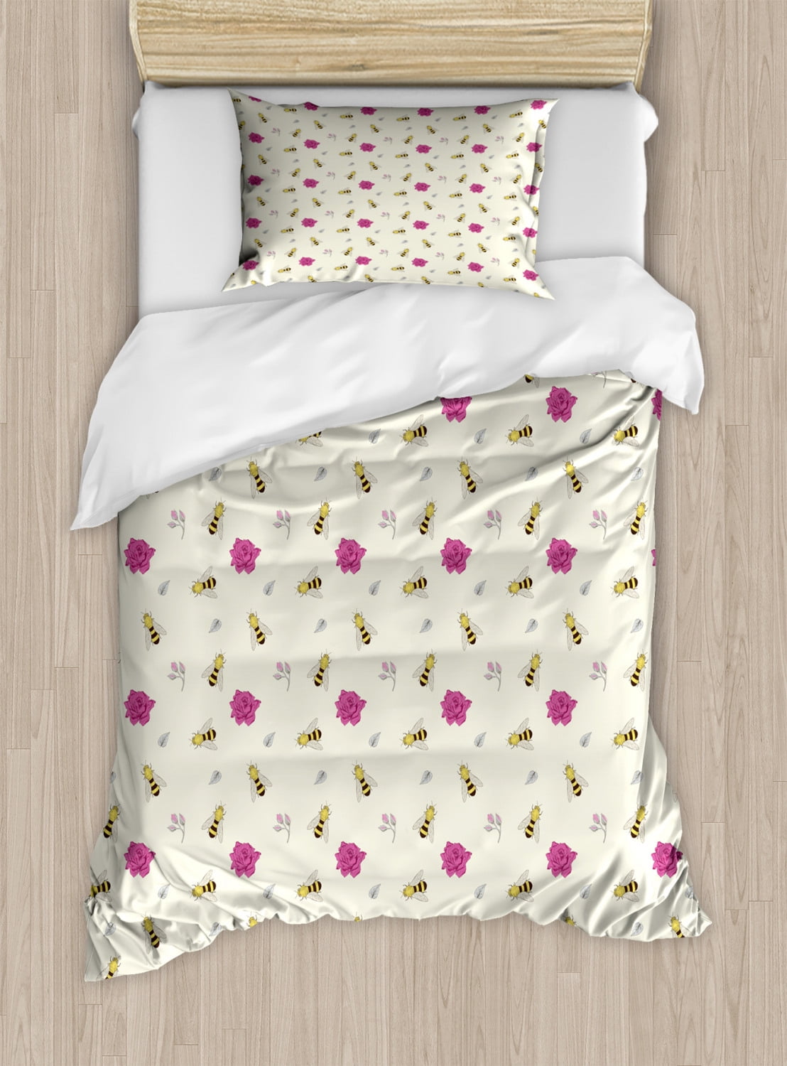 Bee Twin Size Duvet Cover Set, Artistic Hand-Drawn Honey Bees Rose Buds ...