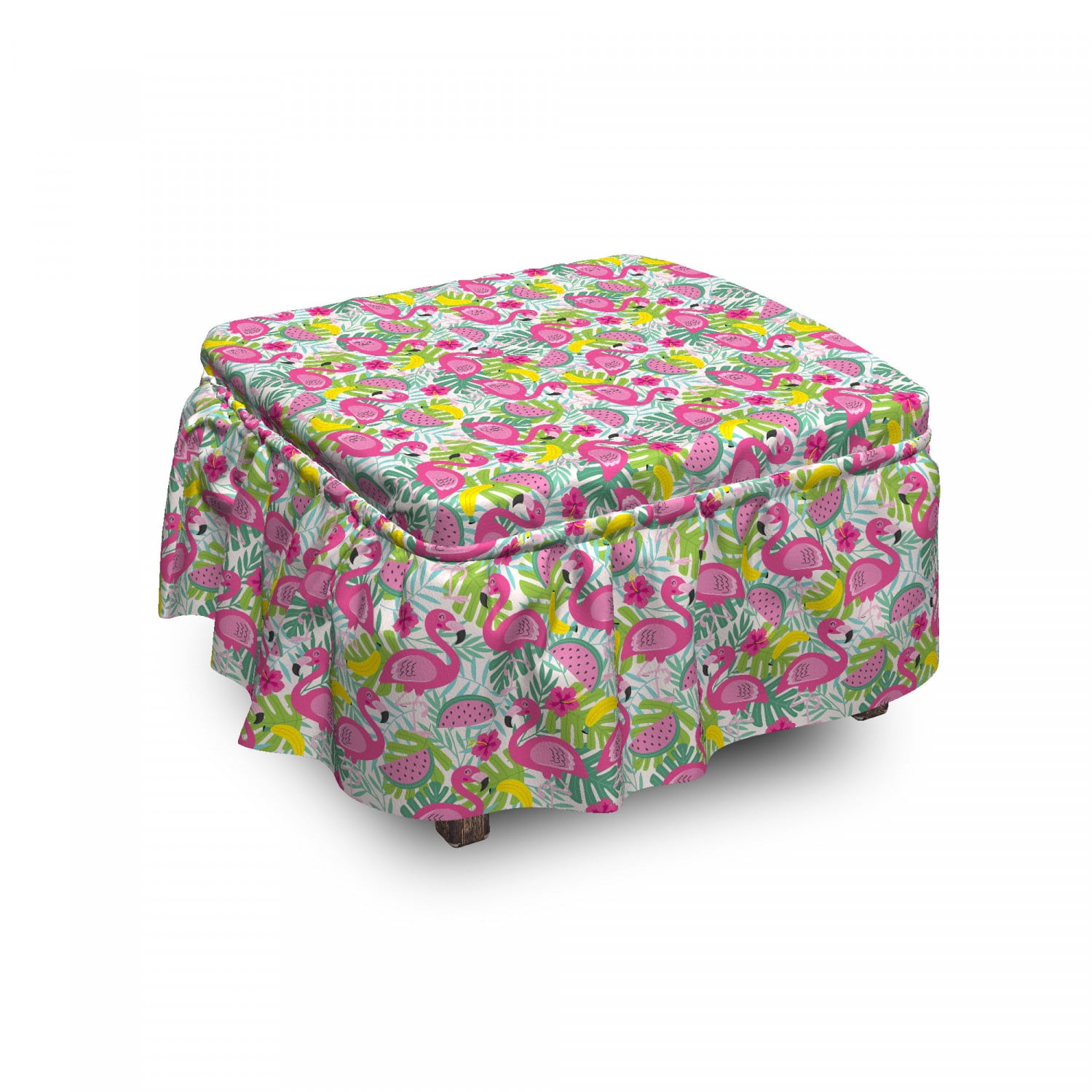 Tropical Ottoman Cover, Exotic Flamingo Cartoon, 2 Piece Slipcover Set ...