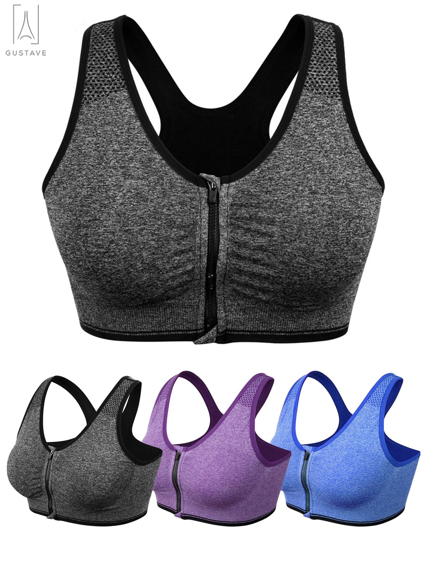 Gustave Women's Zip Front Close Sports Bra Seamless Wirefree Padded ...