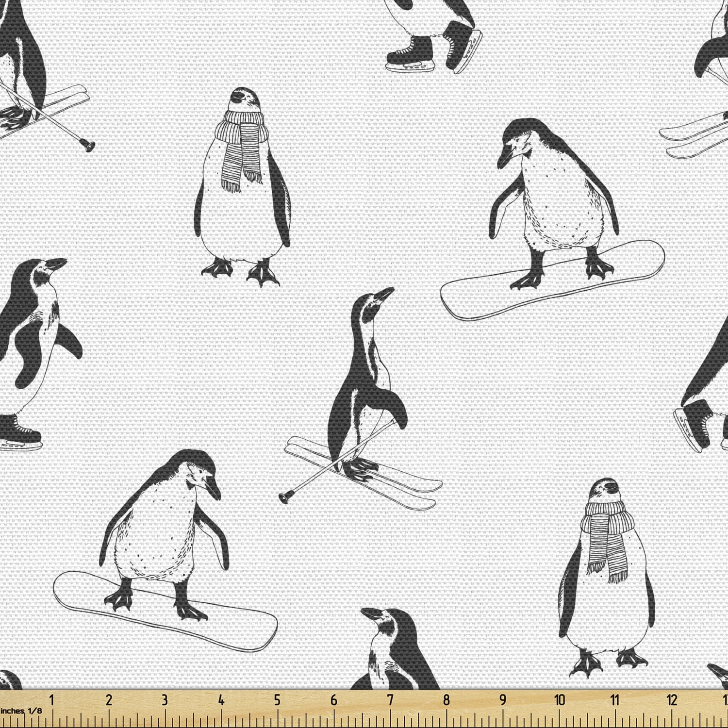 Penguin Fabric by the Yard, Skiing Penguins on Snowboards Winter Sports ...