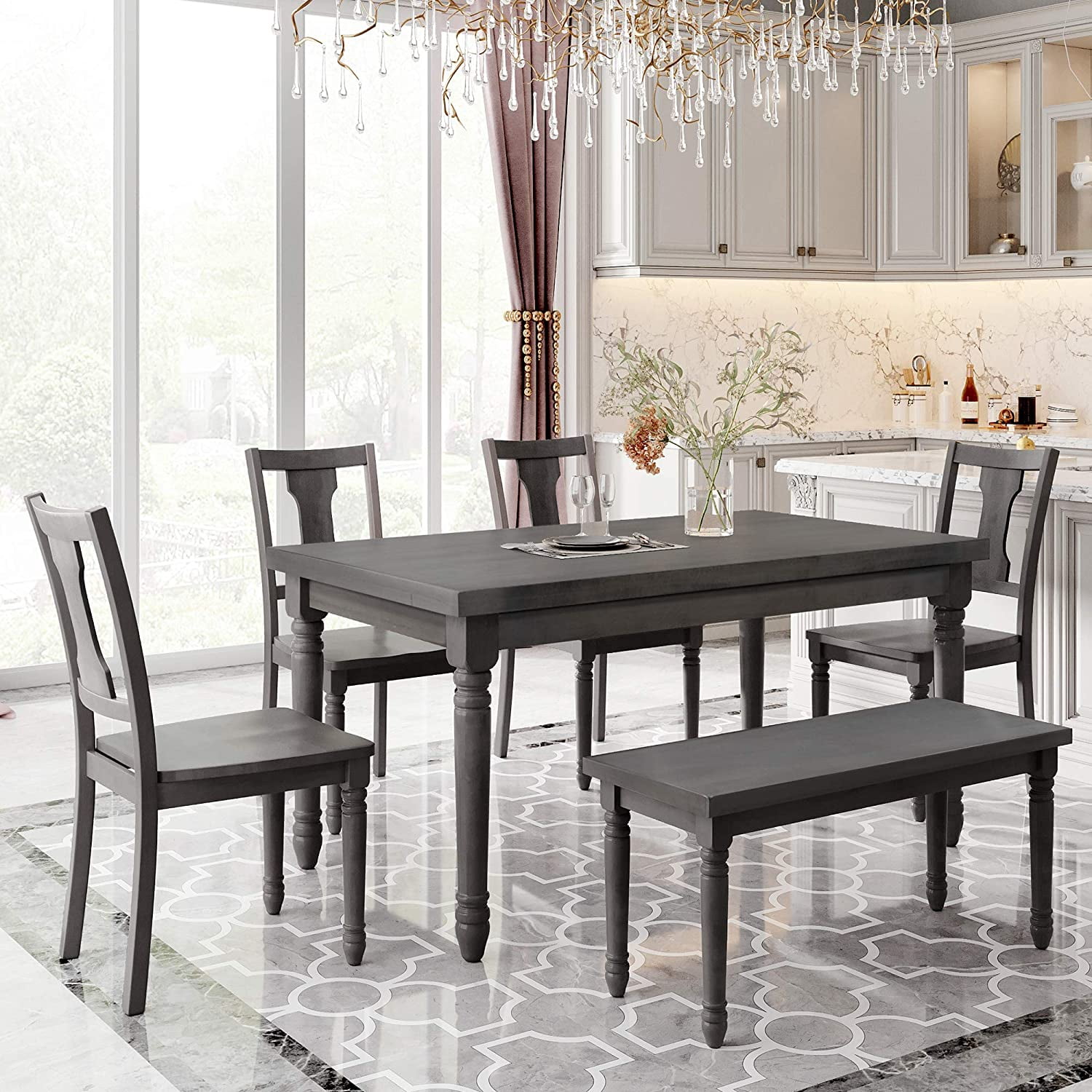 6-Piece Pack Dinette Set, Farmhouse Rustic Style Dining Table Set with ...