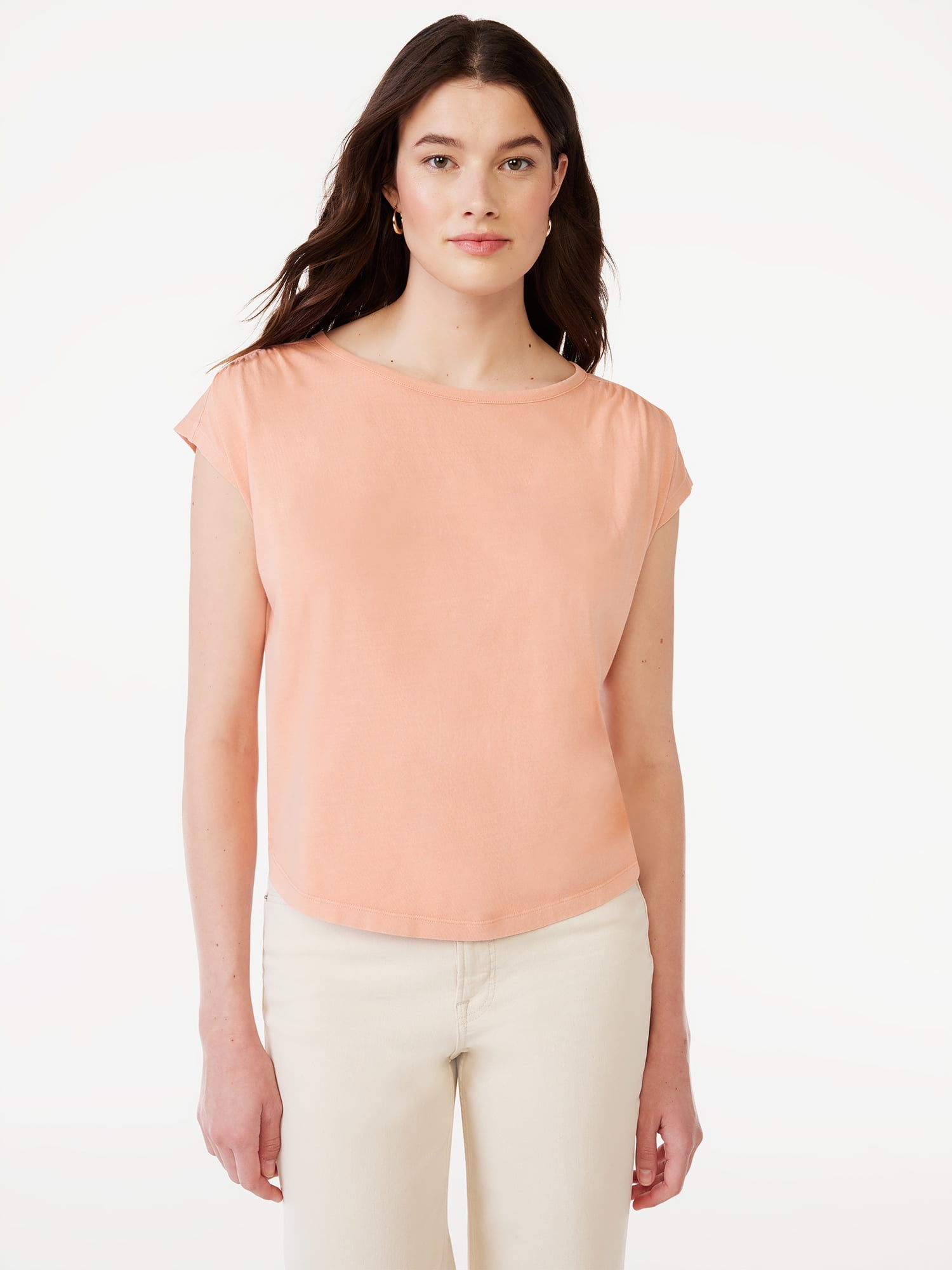 Free Assembly Women's Shirred Shoulder Tee with Short Sleeves, Sizes XS ...