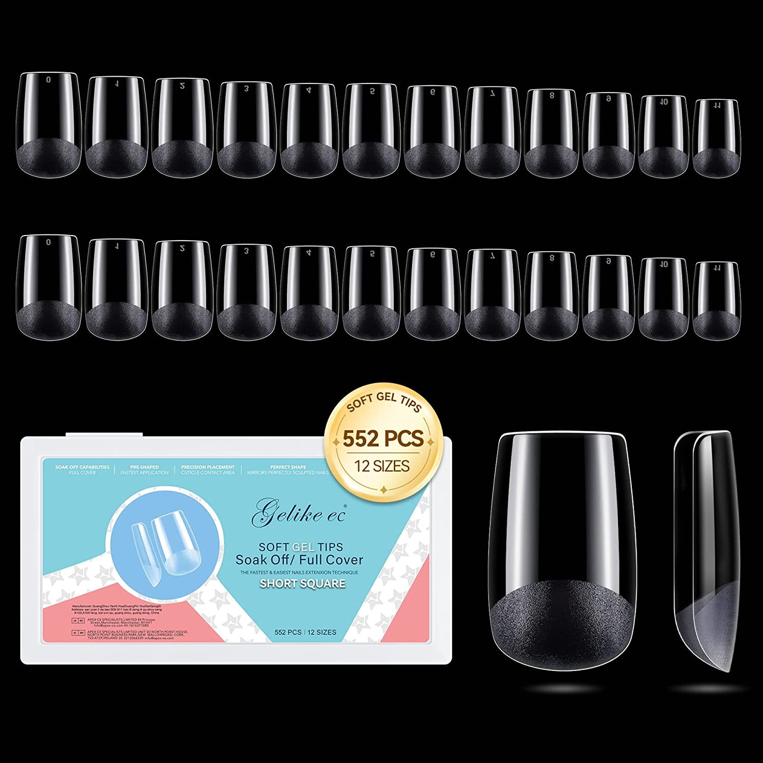 Gelike Ec 552pcs Clear Short Square Soft Gel Full Cover Nail Tips Kit