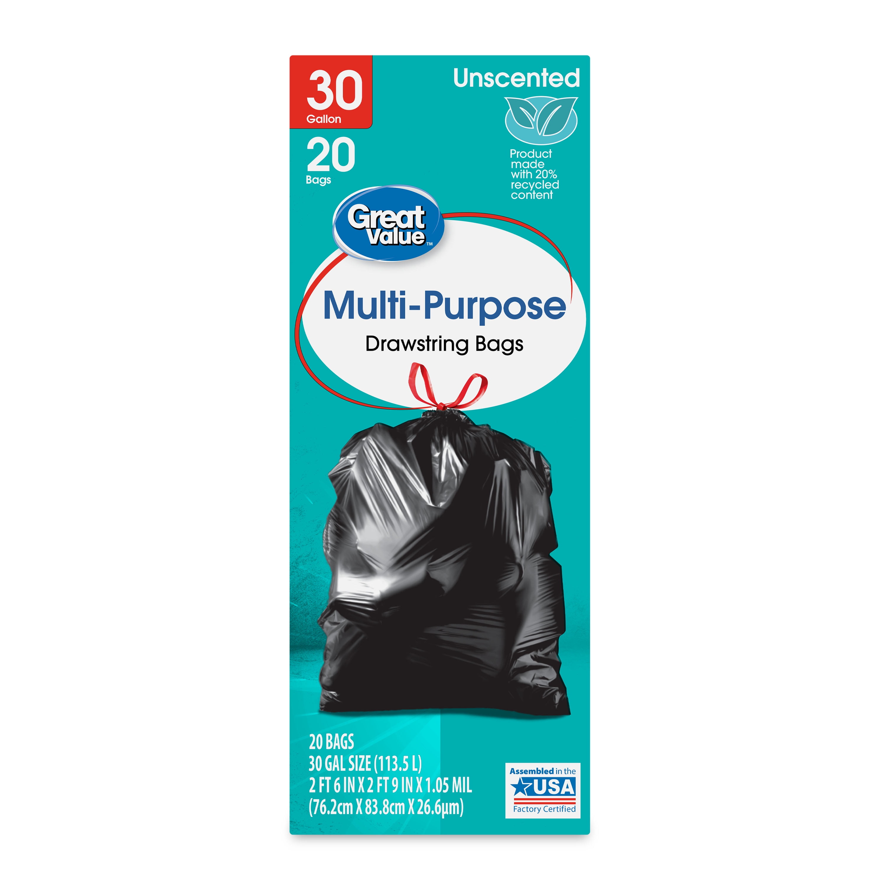 Great Value 30-Gallon Drawstring Multi-Purpose Large Trash Bags, 20 ...