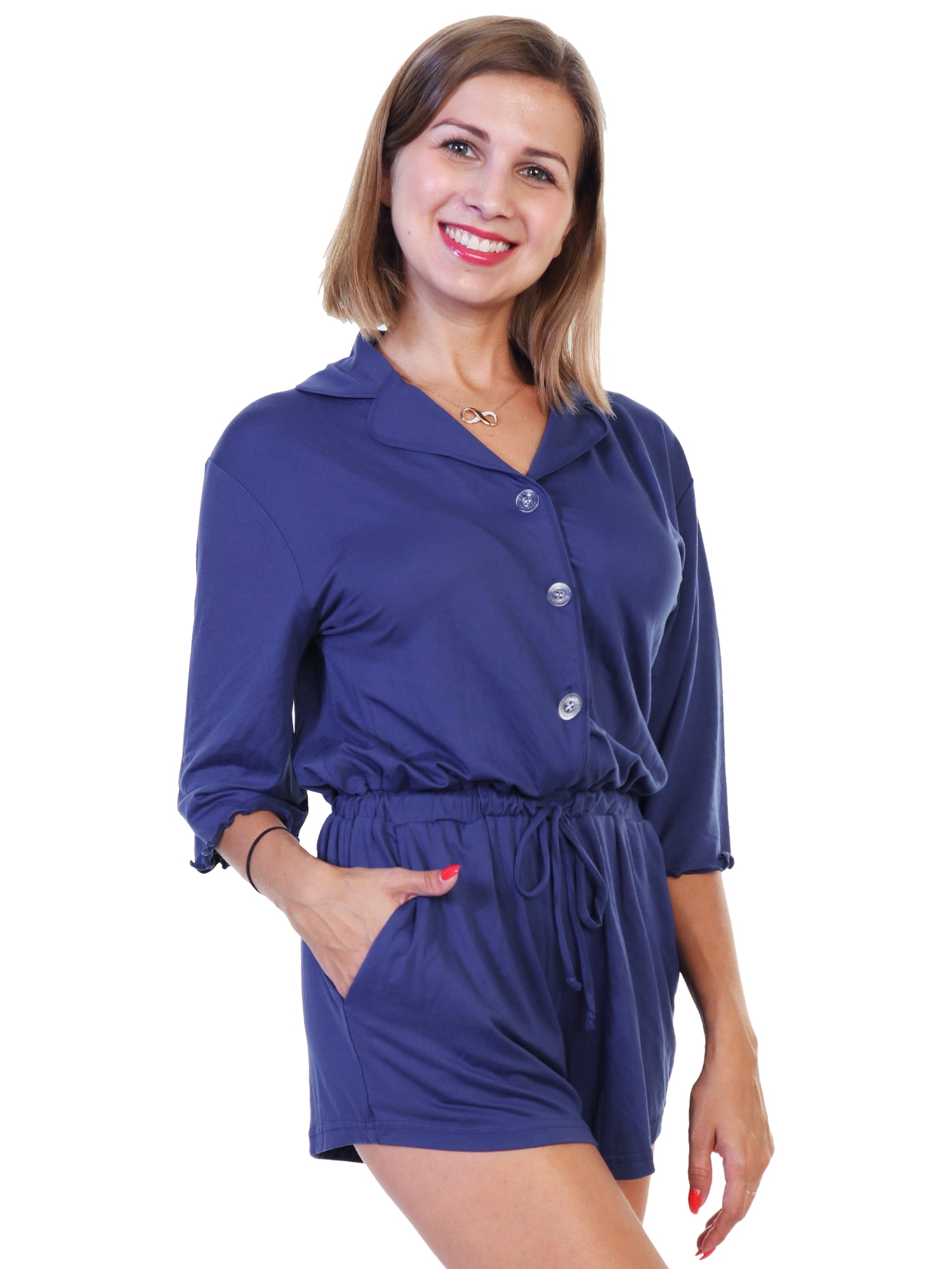 "Angelina Brushed Microfiber Quarter Sleeves Button-Down Romper ...