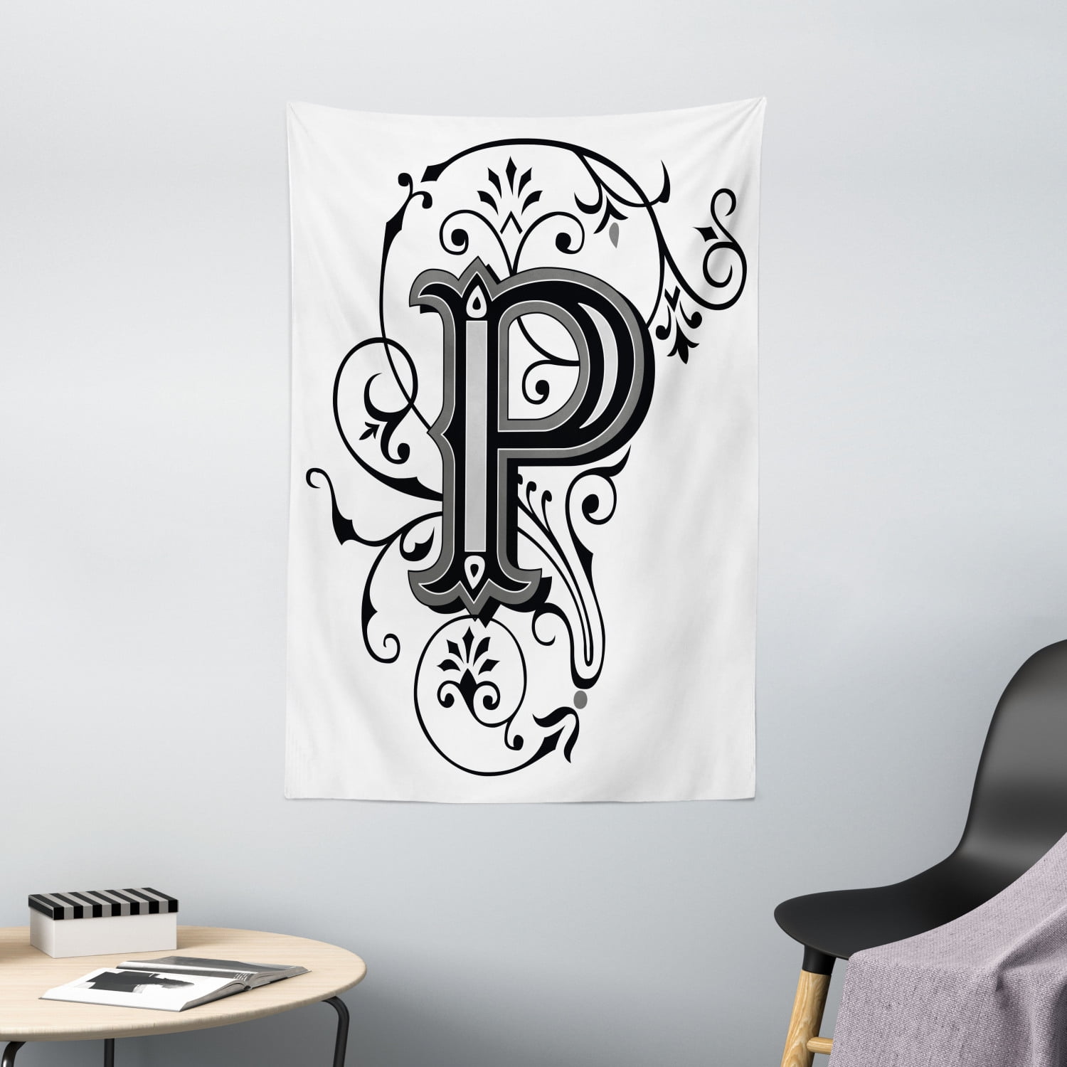 Letter P Tapestry, Floral Swirls Essence Blooms Letters Baroque ...