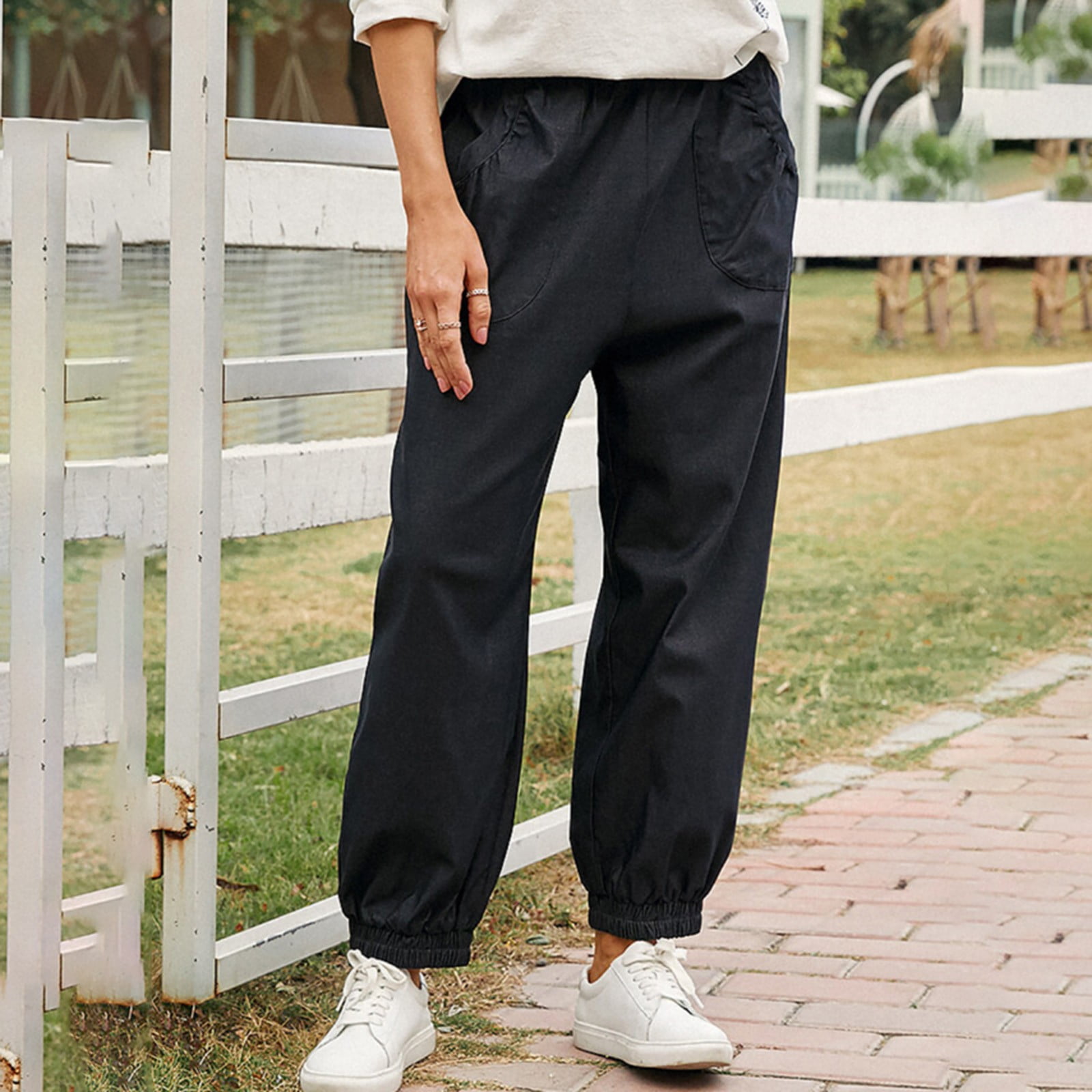 HIMIWAY Women Casual Elastic Girdle Waist Wide Leg Patch Pocket ...