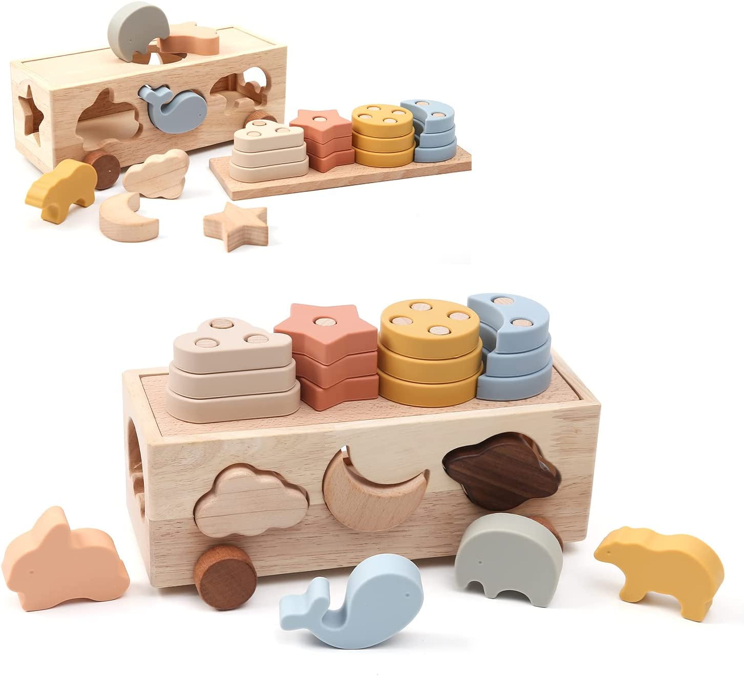 Wooden Montessori Shape Sorter Toys for 18M+, Multifunctional Sorting ...