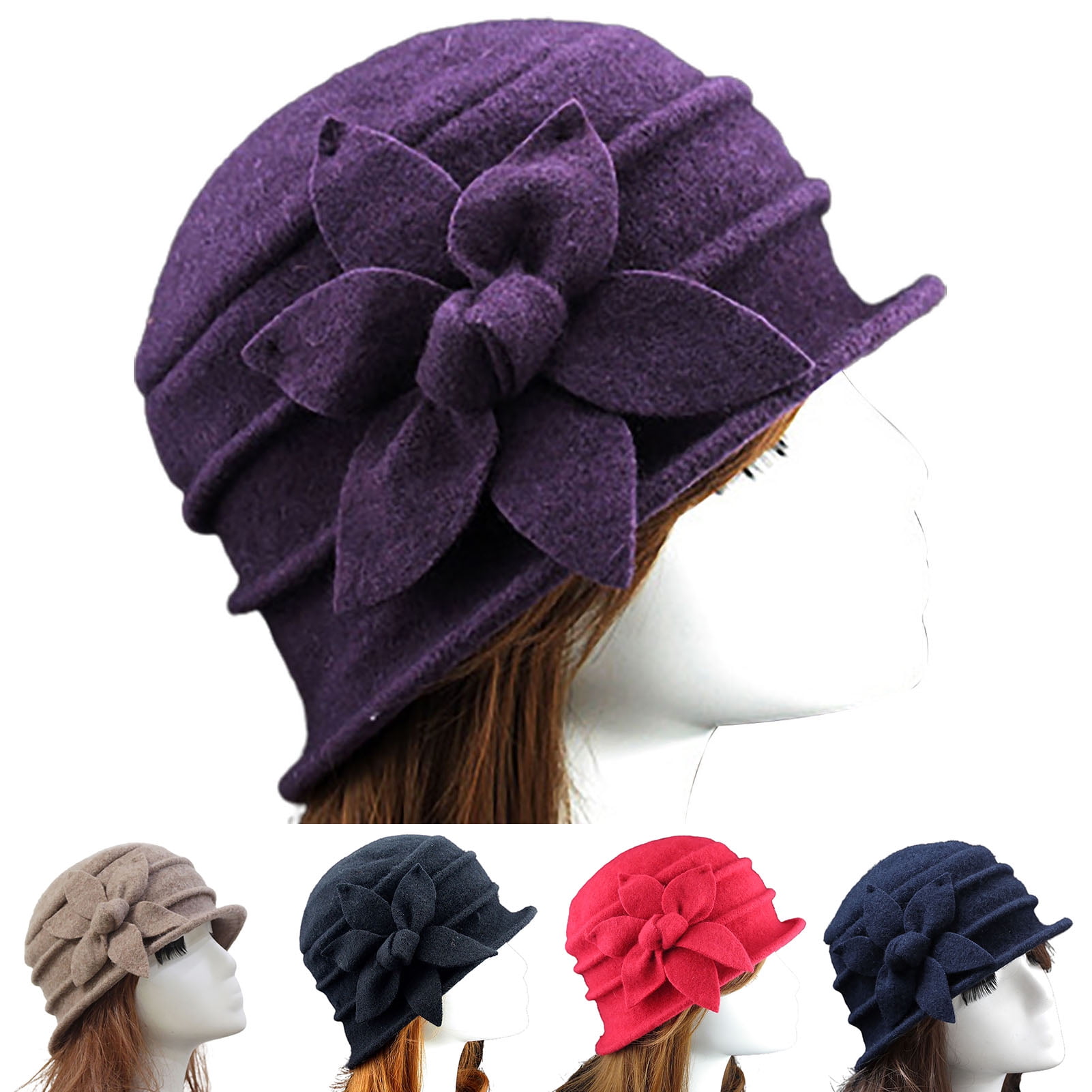 LINASHI Women Flower Decor Felt Hat Felt Flowers Wool Blend Thick Warm ...