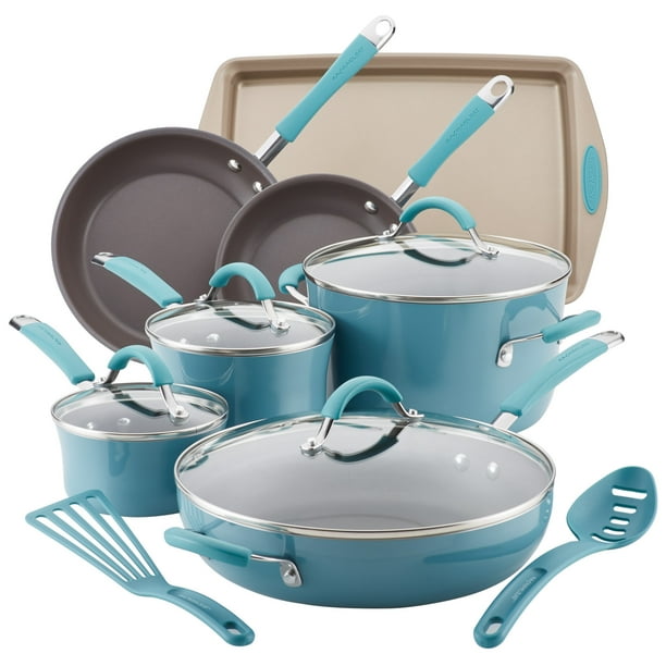 Rachael Ray 13-Piece Hard Porcelain Enamel Nonstick Cookware Set, Agave ...