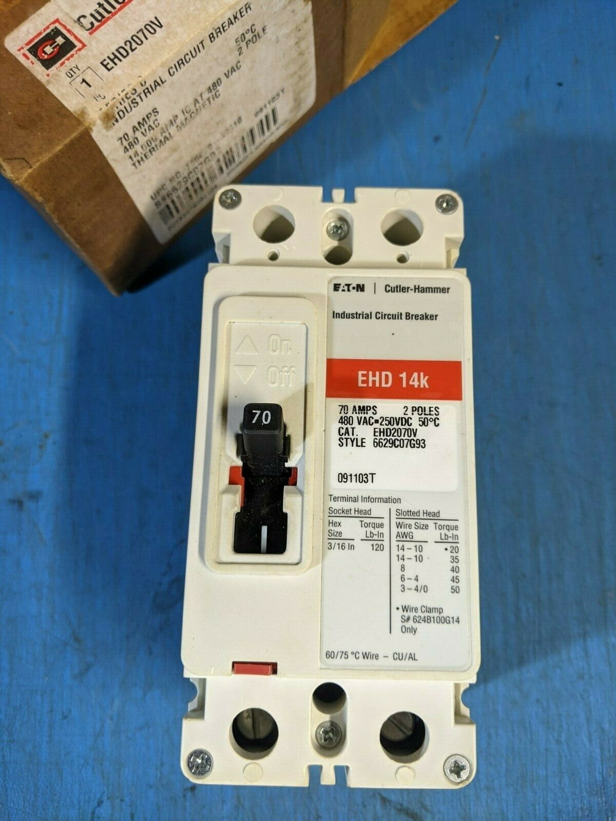 EATON 70A AMP 2P POLE 14kA@480V FEED THROUGH CIRCUIT BREAKER W/RED ...