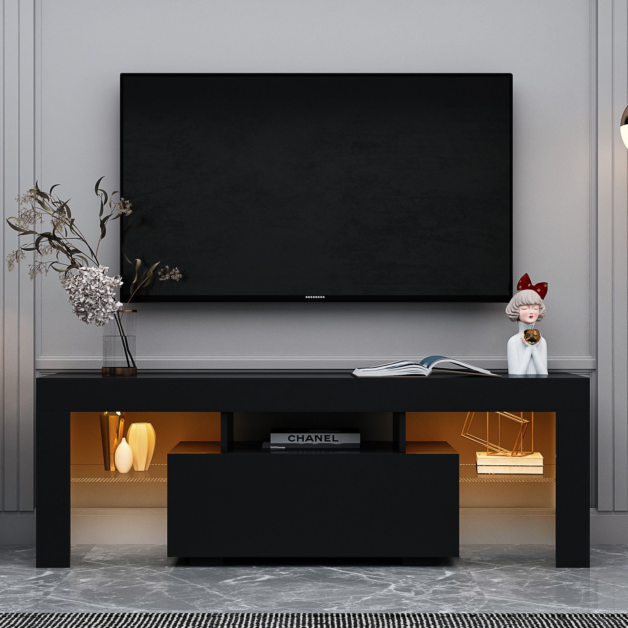 Aukfa TV Stand with LED Lights and Cabinets for TVs up to 55" - Black ...