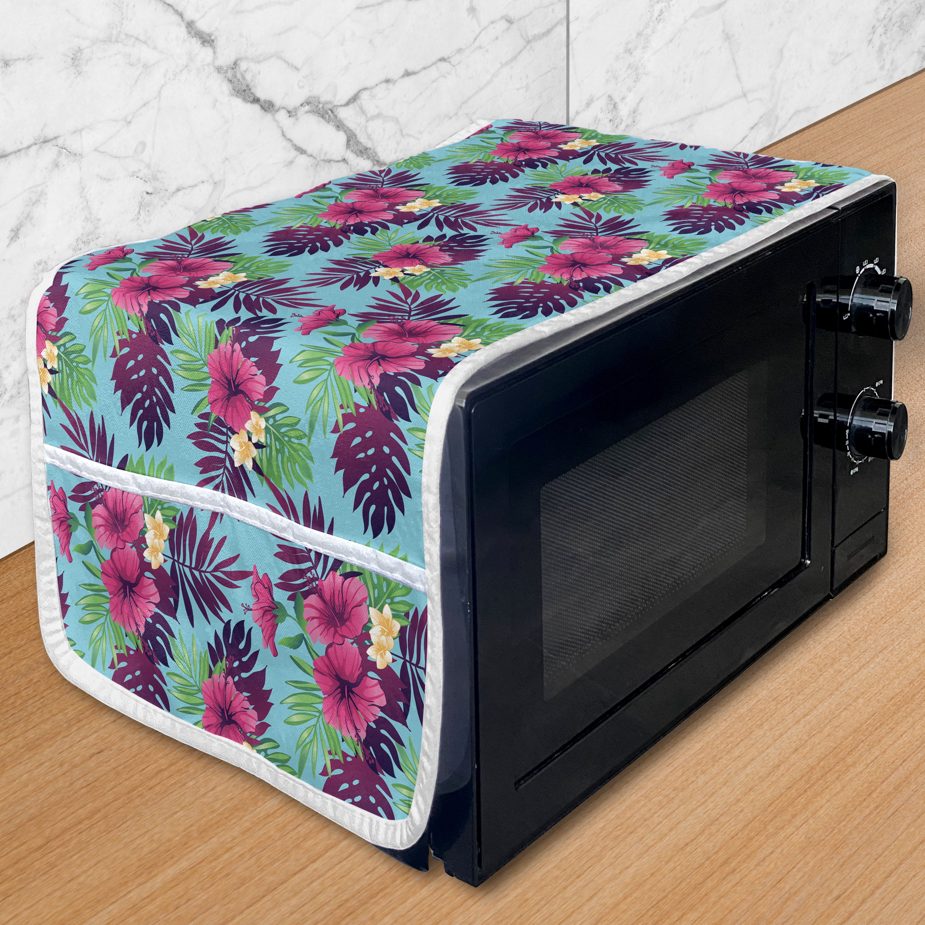 Jungle Microwave Oven Cover, Vibrant Colored Exotic Paradise Flowers and Forest Leaves on Aqua ...