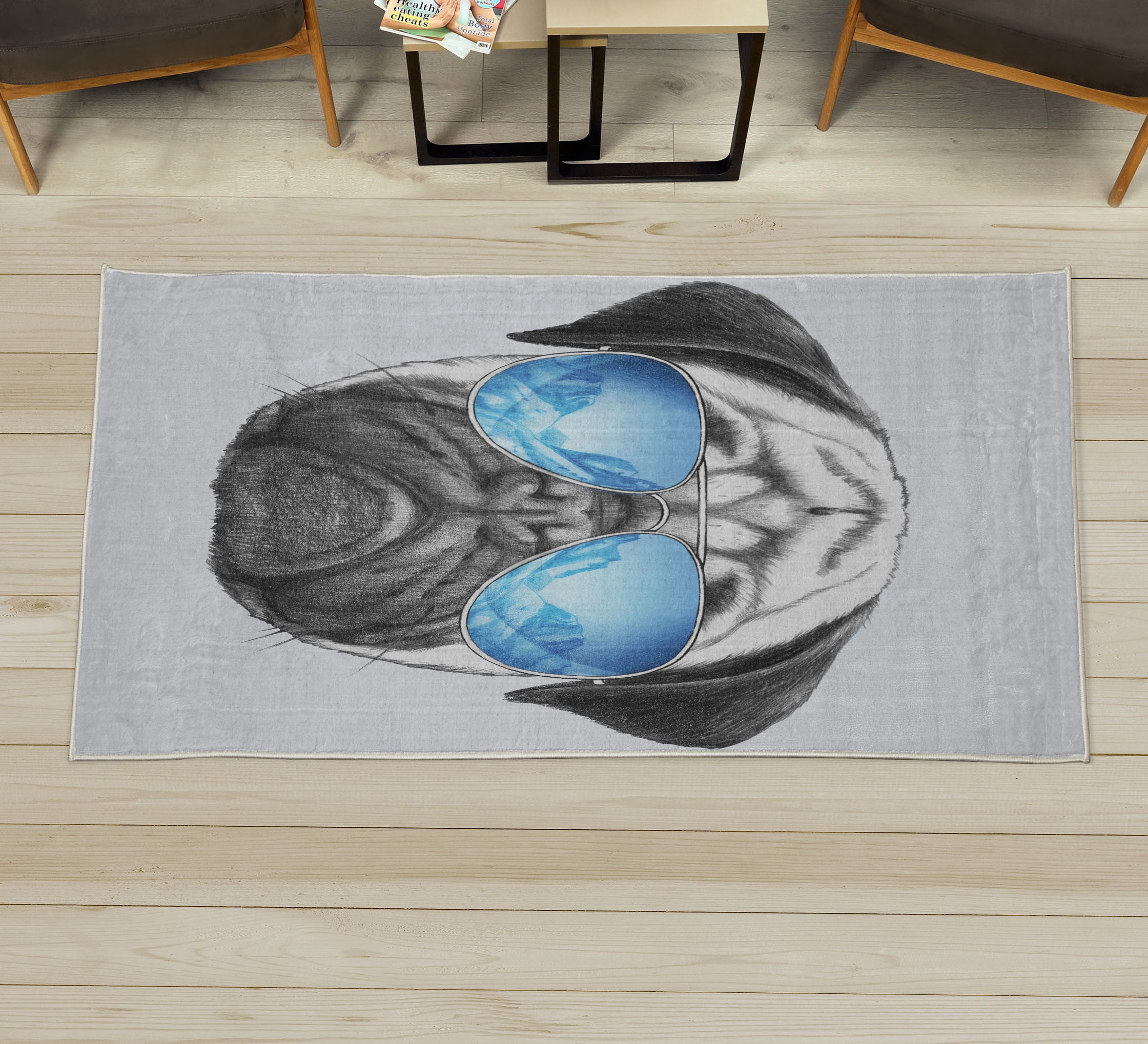 Pug Decorative Rug, Dog Portrait Mirror Sunglasses Hand Drawn ...