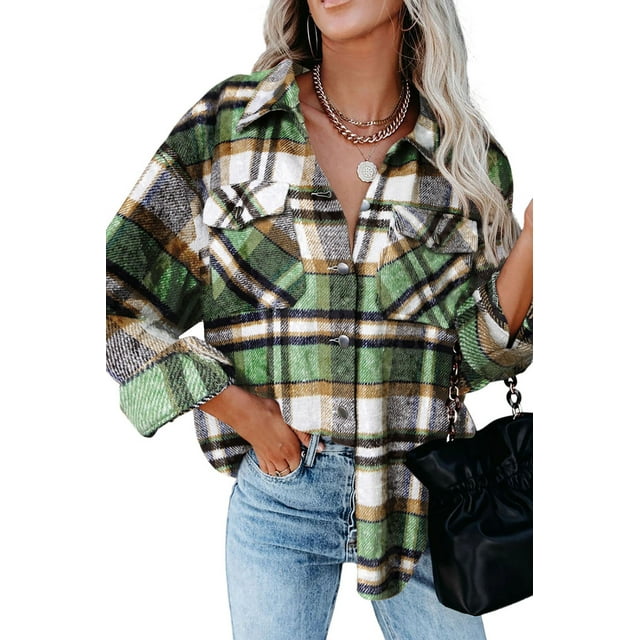 ONLYSHE Women's Flannel Shirts Jacket Plaid Print Button Down Shacket ...