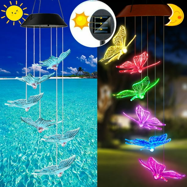 Solar Powered LED Wind Chime Outdoor,Color-Changing Led Butterfly Wind ...