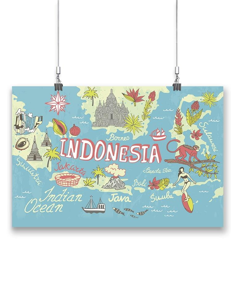 Illustrated Map Of Indonesia Poster - Image by Shutterstock, - Walmart.com