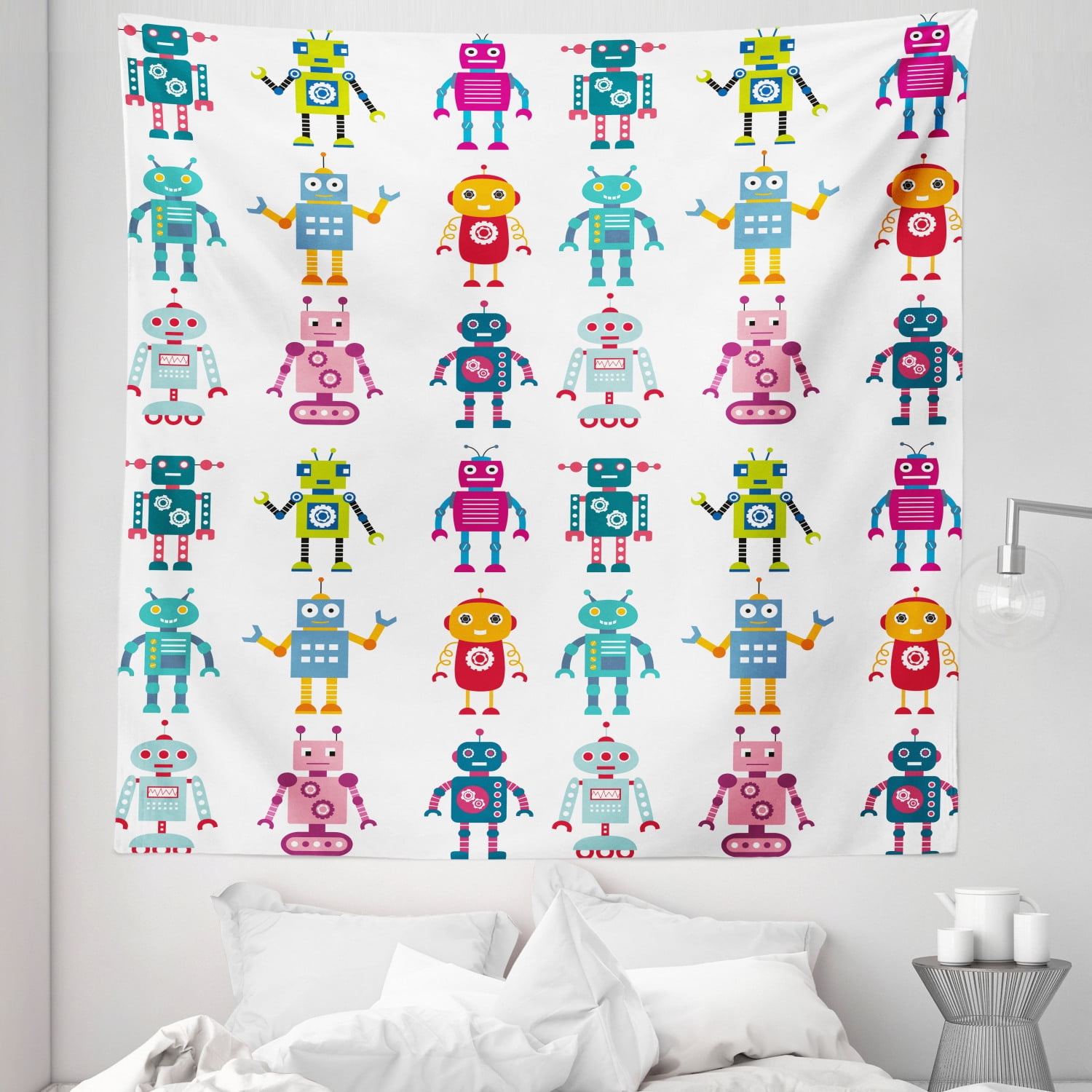 Cartoon Tapestry, Colorful Style Robot Futuristic Funny Mascots ...