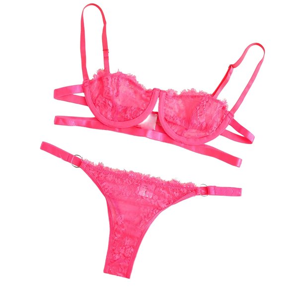 Popiv Women Sexy Lace Lingerie Set Eyelash Bra And Panty Set Mesh