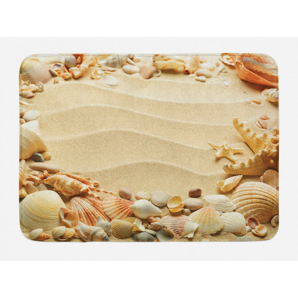 Shell Bath Mat, Seashells Frame with Sand Exotic Summer Vacation Ocean ...