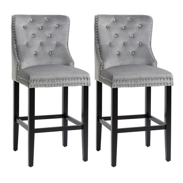 HOMCOM Upholstered Bar Stools Set of 2, Counter Height Wingback ...
