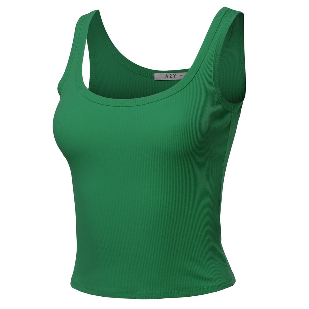 A2y A2y Womens Basic Solid Double Scoop Neck Rib Cropped Tank Top