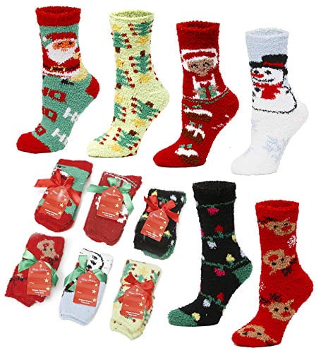 Fuzzy and Soft Holiday Christmas Slipper Gift Socks, 6 Pack, Size 9-11 ...