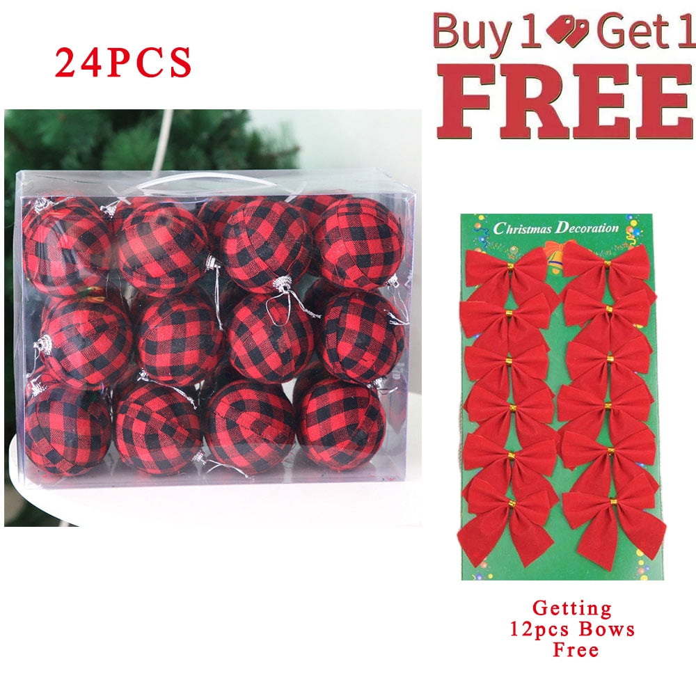 24 Pieces Buffalo Plaid Balls, Check Fabric Wrapped Ball Ornaments ...
