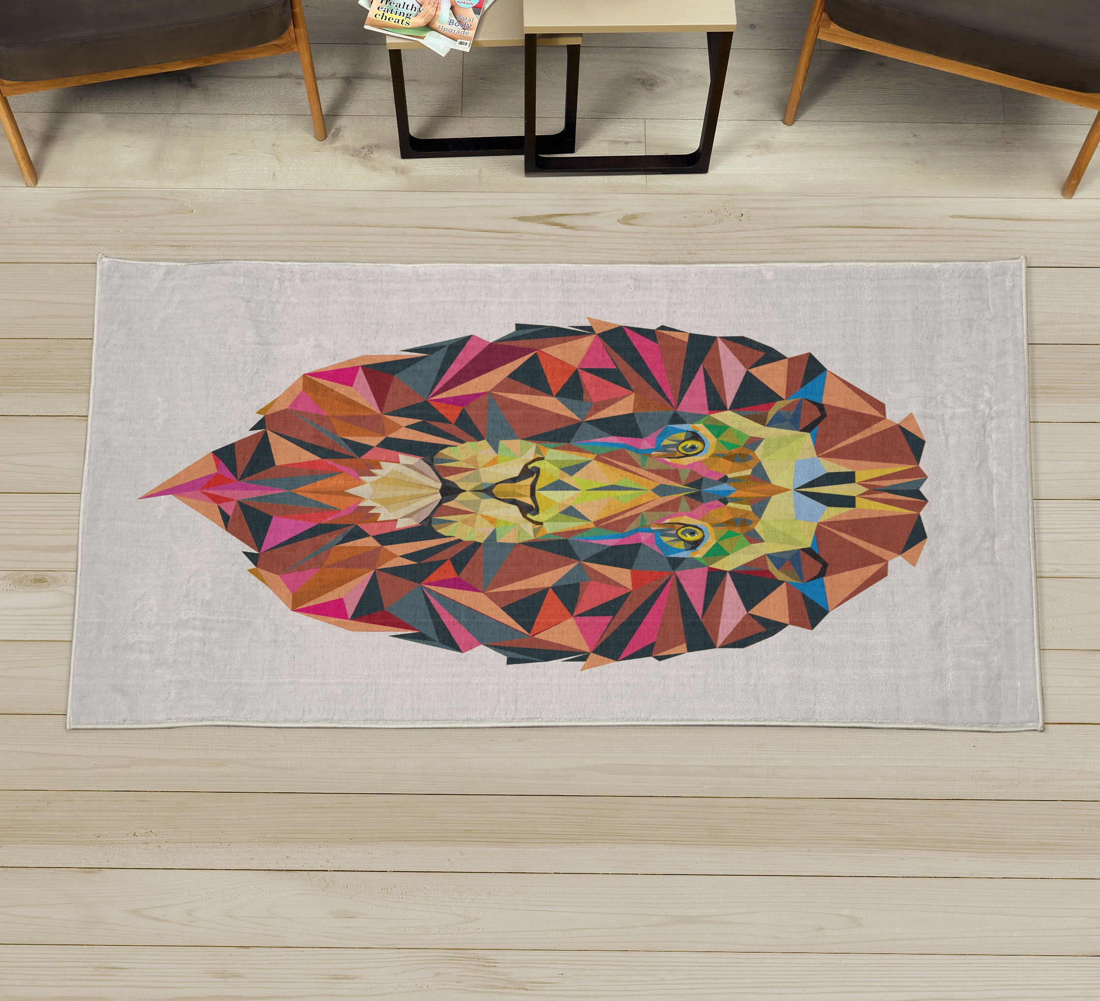 Zoo Decorative Rug, Colorful Animals Geometric Diamond Face Lions Mane ...