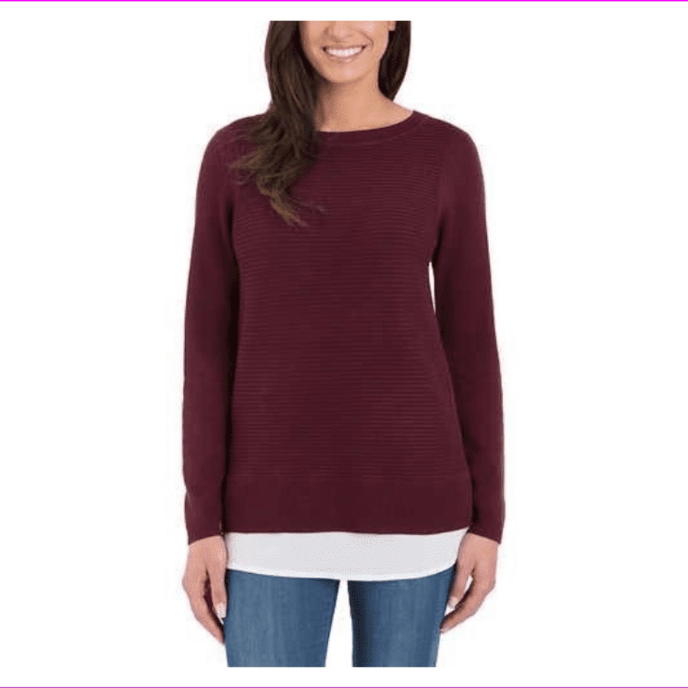 Hilary Radley Women's Long Sleeve Two-Fer Sweater L/Heather Wine ...