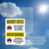 (2 Pack) No Photos Or Video Bilingual OSHA Security Notice Sign ...