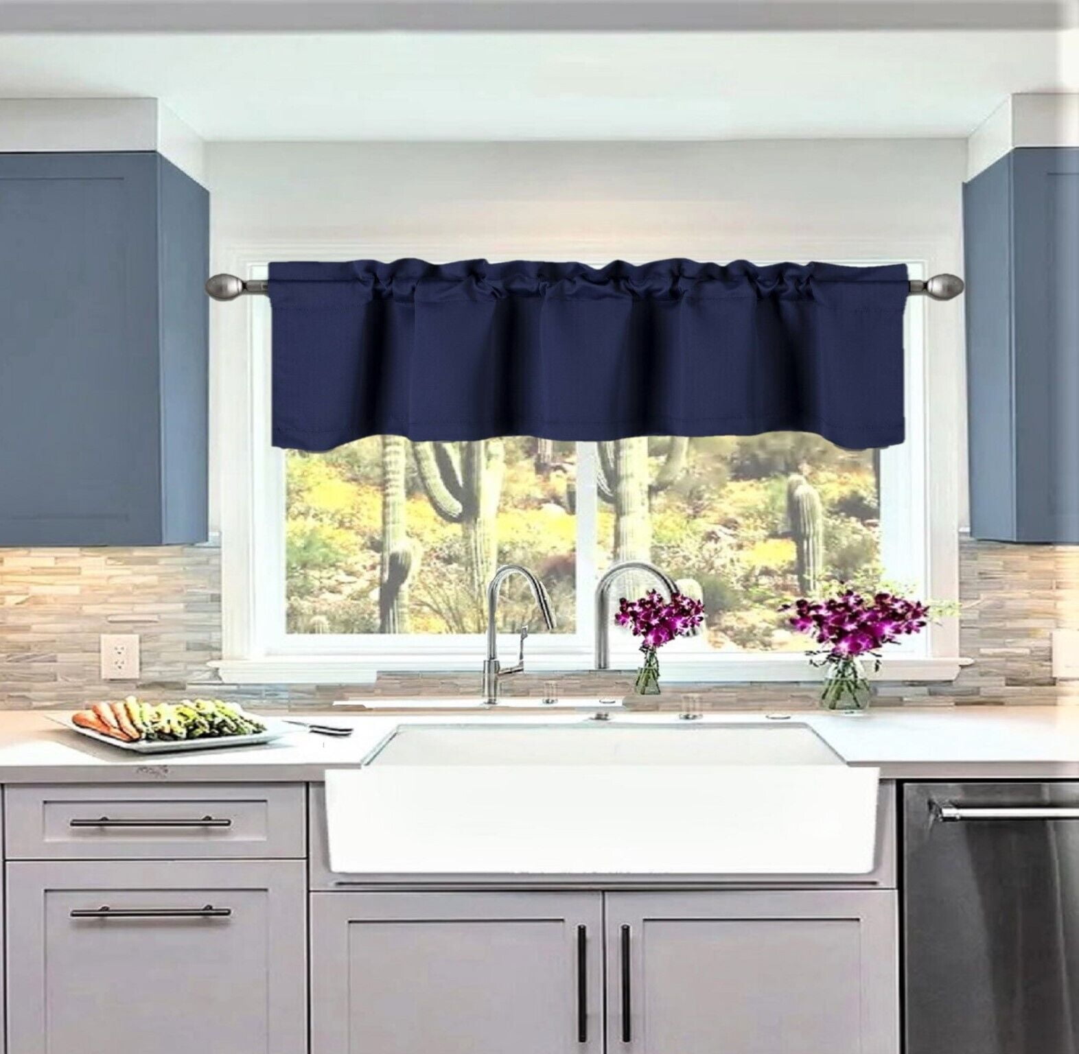 1 Kitchen valance thermal navy blue solid rod pocket blackout window ...