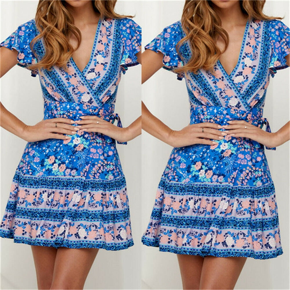 Women Short Sleeve Wrap Boho Floral Mini Dress Ladies Summer Sundress ...