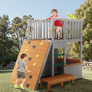KidKraft Cozy Escape Wooden Outdoor Two-Story Playhouse with Slide ...
