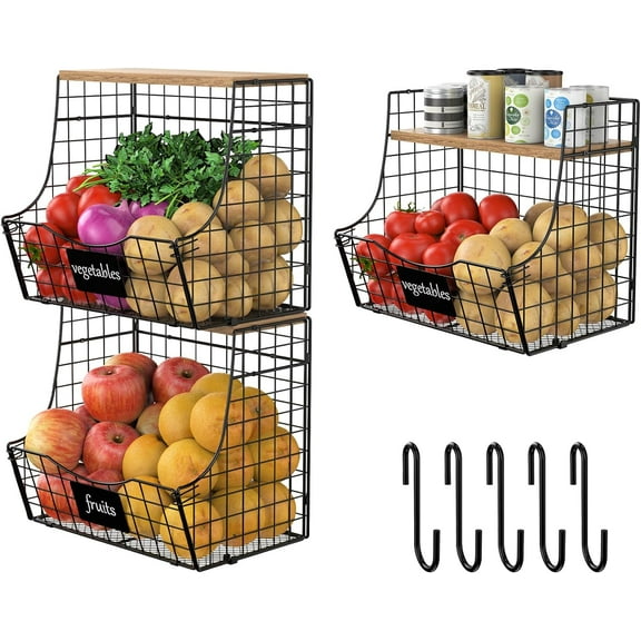 3 Pack Fruit Basket for Kitchen with Wood Lid - Counter&Wall Mounted ...