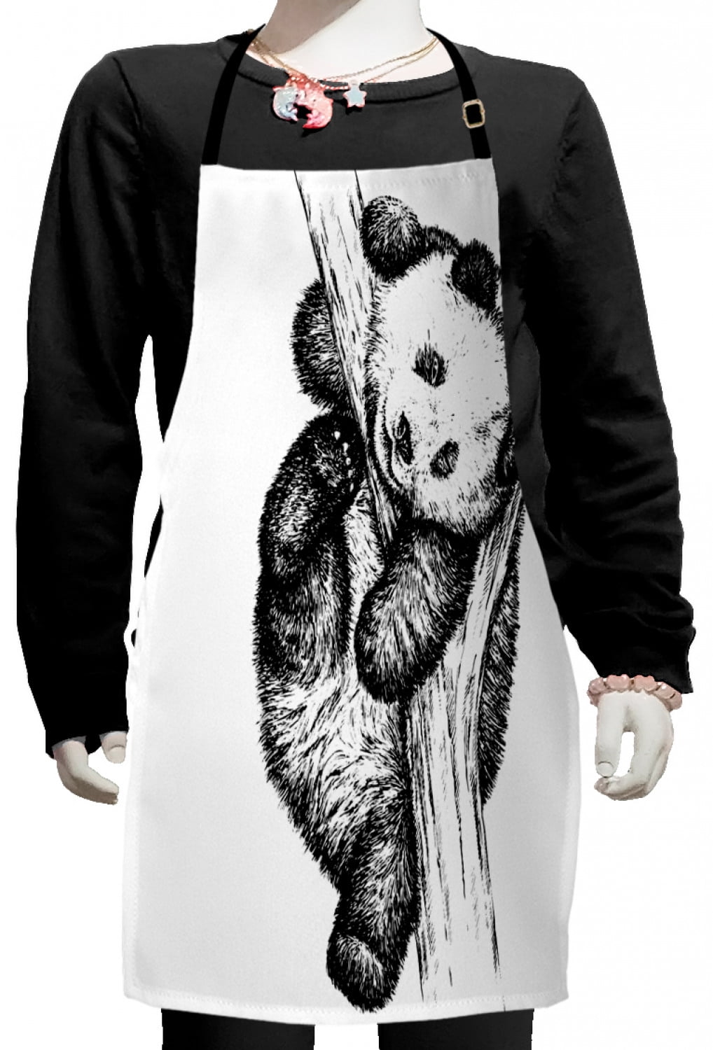 Animal Kids Apron, Little Panda Bear on Tree Branch Fury Tropical ...