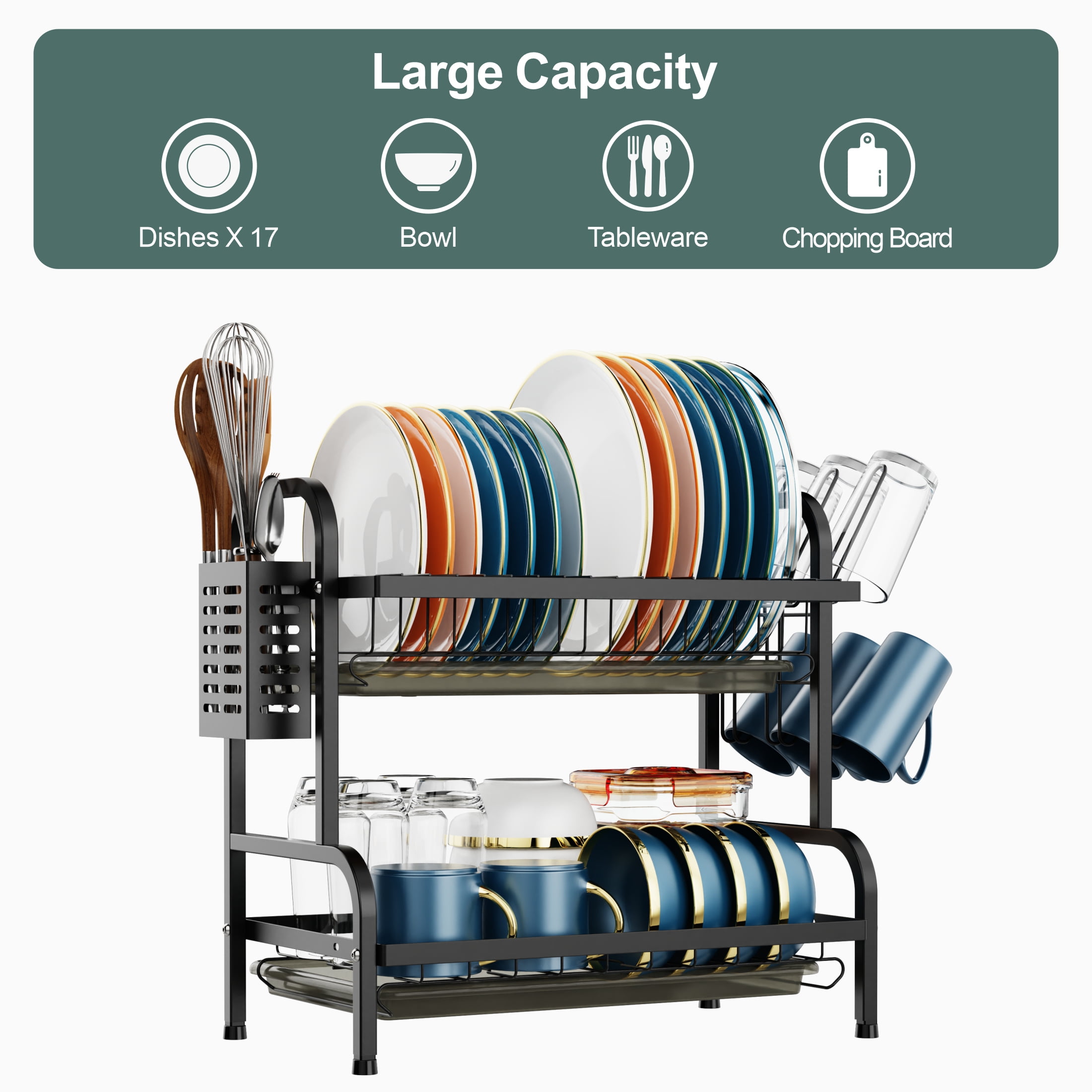 Buy Dish Drying Rack, Ispecle 2 Tier Dish Racks with Tray, Cup Utensil ...