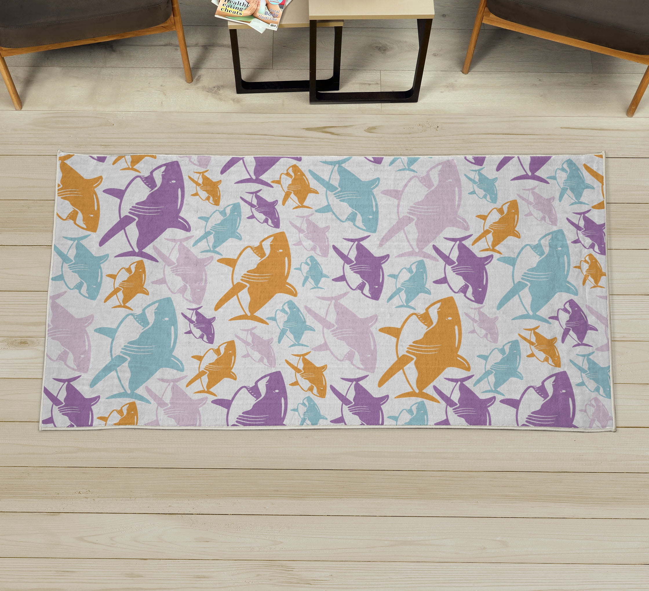 Shark Decorative Rug, Colorful Underwater Fish Pattern Masters Survival ...