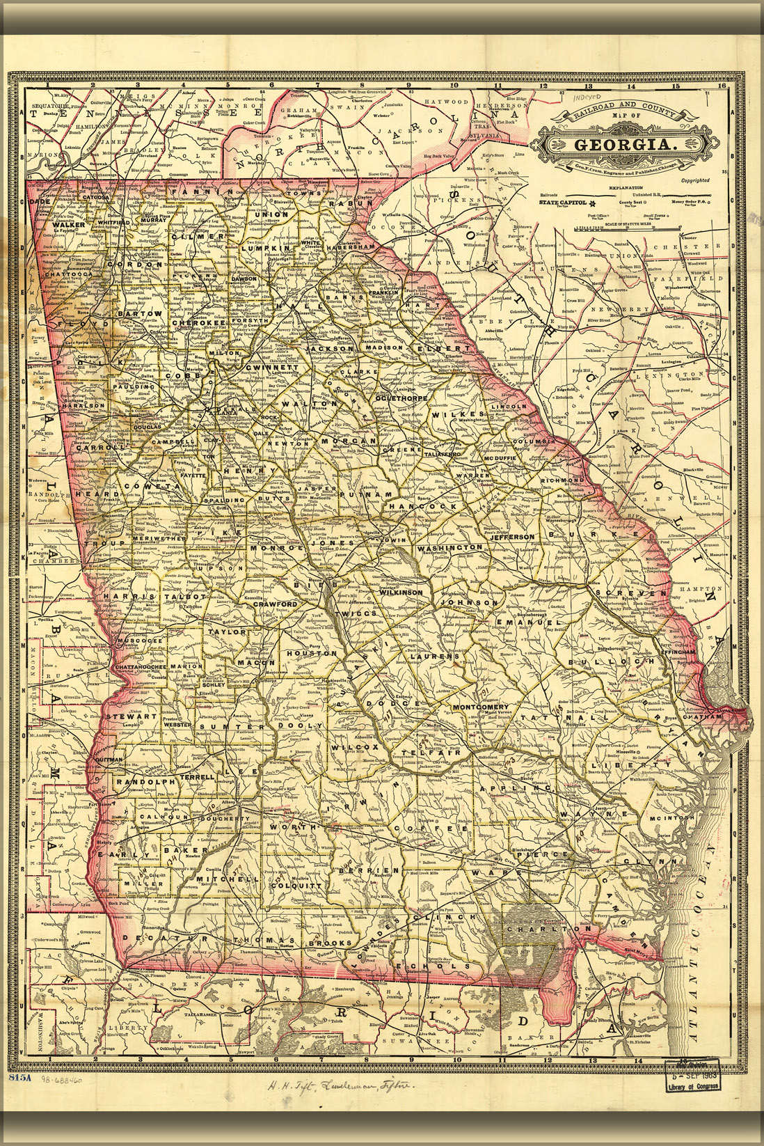 24"x36" Gallery Poster, railroad and county map of Georgia 1883 ...