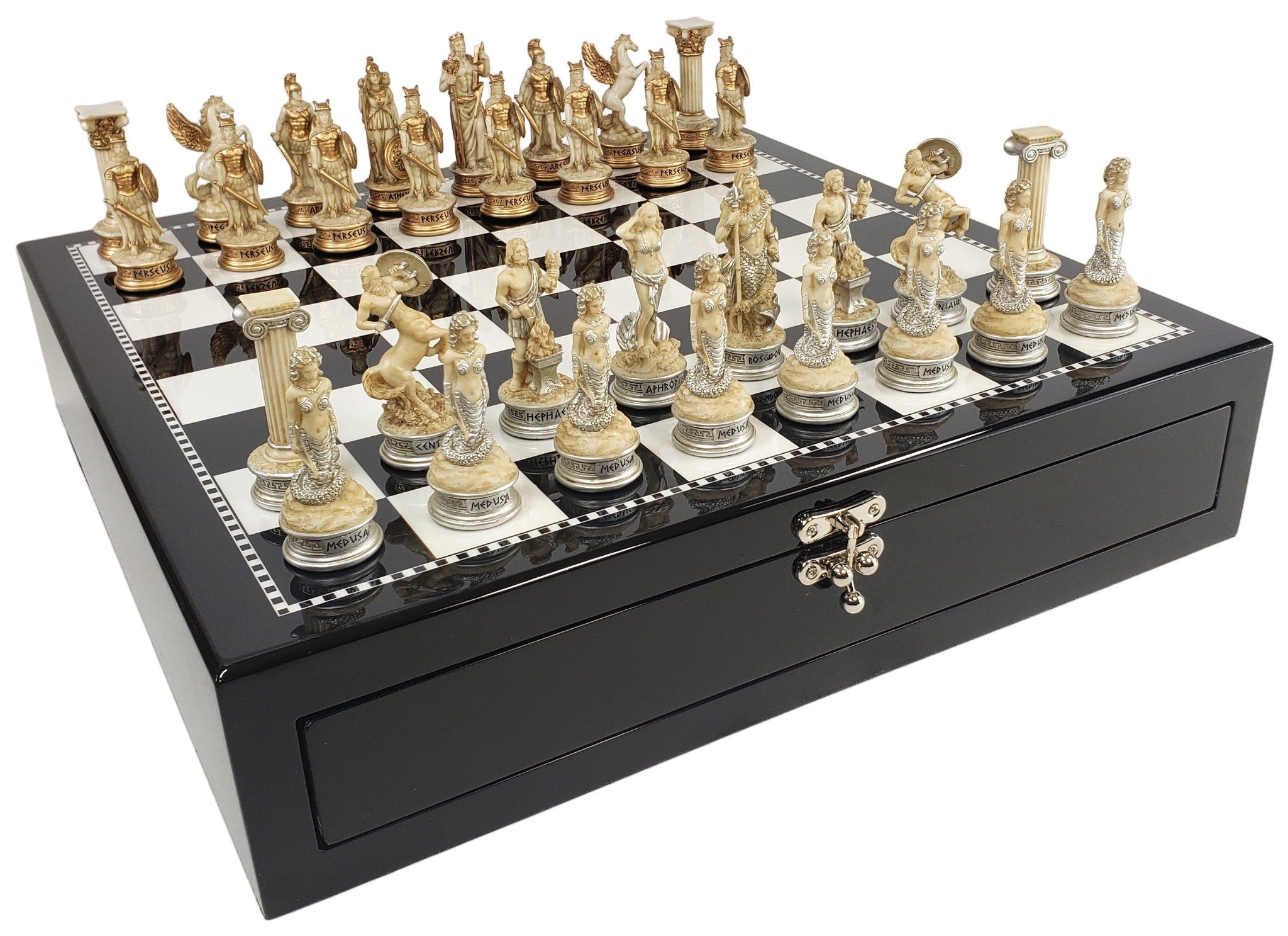 Greek Mythology Olympus Gods Chess Set Antique White 17" Black White ...