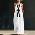 Elegant Color Block Linen Maxi Dress for Women Summer Bowtie Deep V ...
